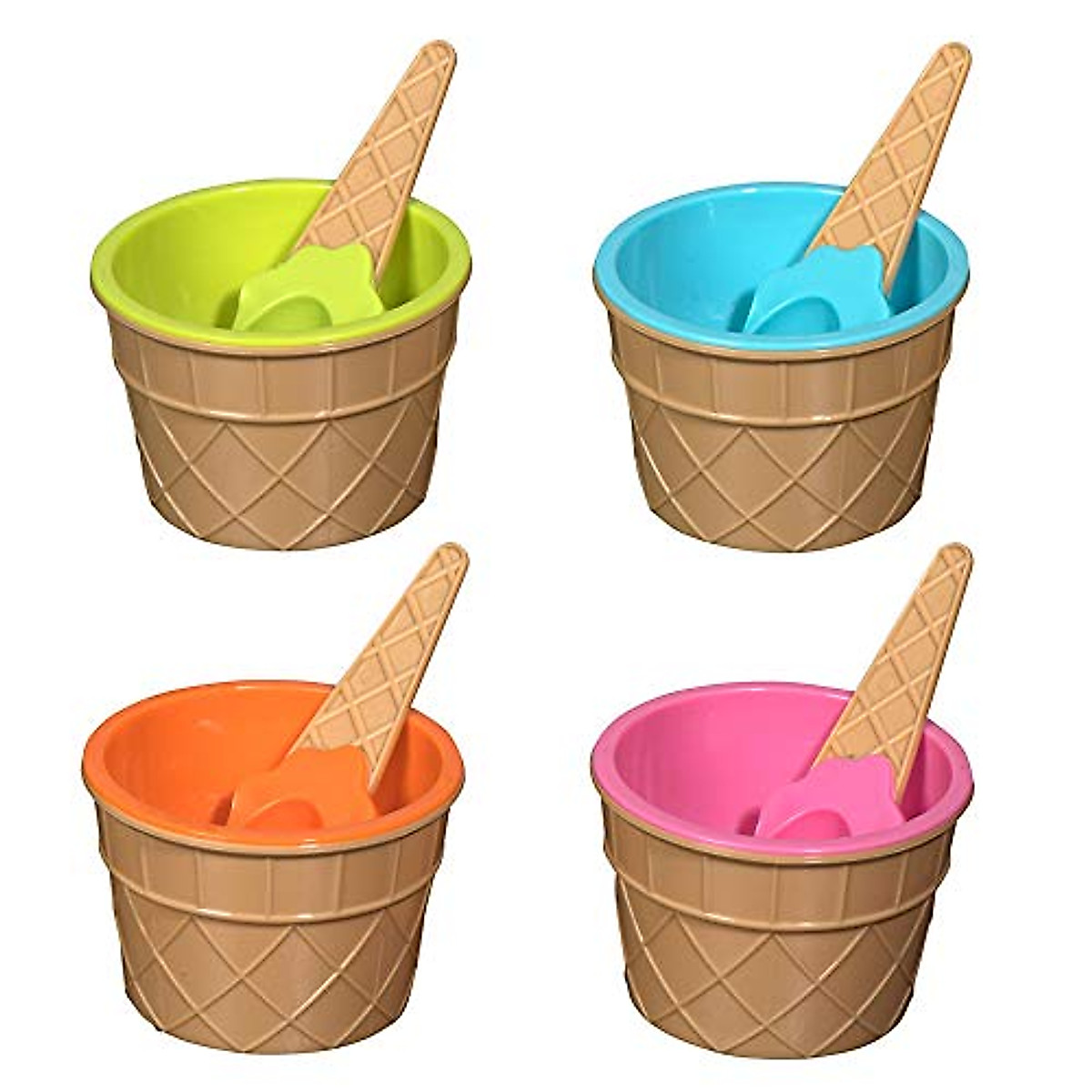 Hammont Ice Cream Bowls and Spoons - Reusable Dessert Bowls and Spoons Set, Durable Plastic Bowls for Party Favor | 4 Bowls and 4 Matching Spoons (Orange, Pink, Light Green, Sky Blue)