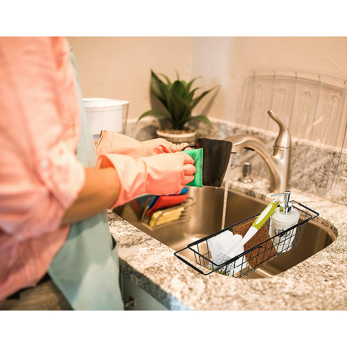 Yesland 2 Pack Over The Kitchen Sink Caddy Sponge Holder - Expandable from 13.25 to 20.75 Inch, Stainless Steel Telescopic Sink Storage Rack Basket for Kitchen Sink Bathroom Laundry Room Black