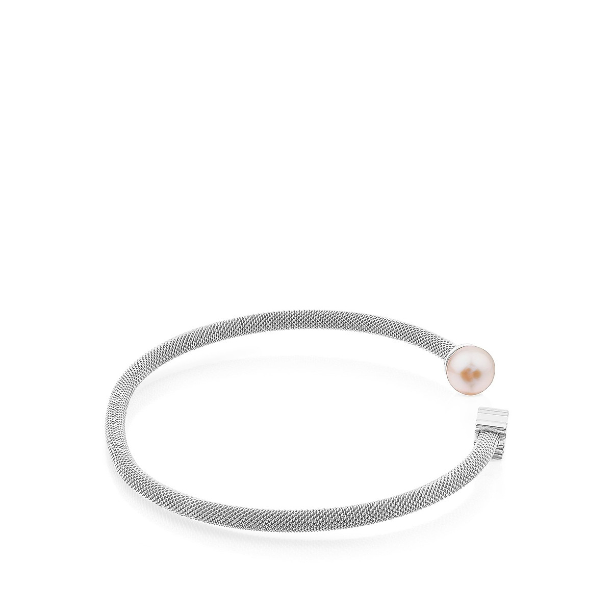 TOUS Icon Mesh 925 Silver Bangle Bracelet with White Chinese-Freshwater-Cultured Pearl 6.5-7.0 mm