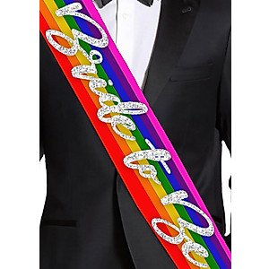 Gay Bachelorette Party Decorations - Set of 2: Silver Sparkle Glam Bride to Be Rainbow Satin Sashes - LGBTQ Couple Gifts - Set2(GlamB2B SLV) RBW