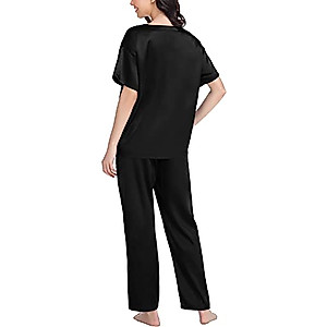 SWOMOG Silk Pajama Set for Women Two Piece Satin Short Sleeve and Long Pant Pajama Set Summer Sleepwear Silk Pj Sets Black S