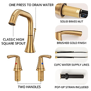WaterSong Bathroom Sink Faucet, Brushed Gold Bathroom Faucet 3 Hole, 8 Inch Widespread Bathroom Faucet with Pop up Drain Assembly, Two Handle Vanity Faucet