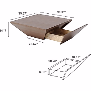 POVISON Modern Coffee Tables for Living Room, Square Coffee Table with Storage, Wood Coffee Table with Drawers, 39.4" Walnut Trapezoidal Living Room Tables for Home Office, Fully Assembled