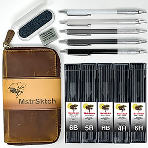 Premium Metal Drawing Mechanical Pencils for Sketching in Leather Pencil Case, 2mm Lead Refills, Kneaded Eraser for Artists, Designers and Drafting