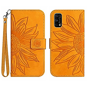 ONV Wallet Case for Oppo Realme 7 Pro - Sunflower Flip Leather Case with Embossment Card Slot Shockproof Kickstand Magnetic Wrist Cover for Oppo Realme 7 Pro [HT] -Yellow-