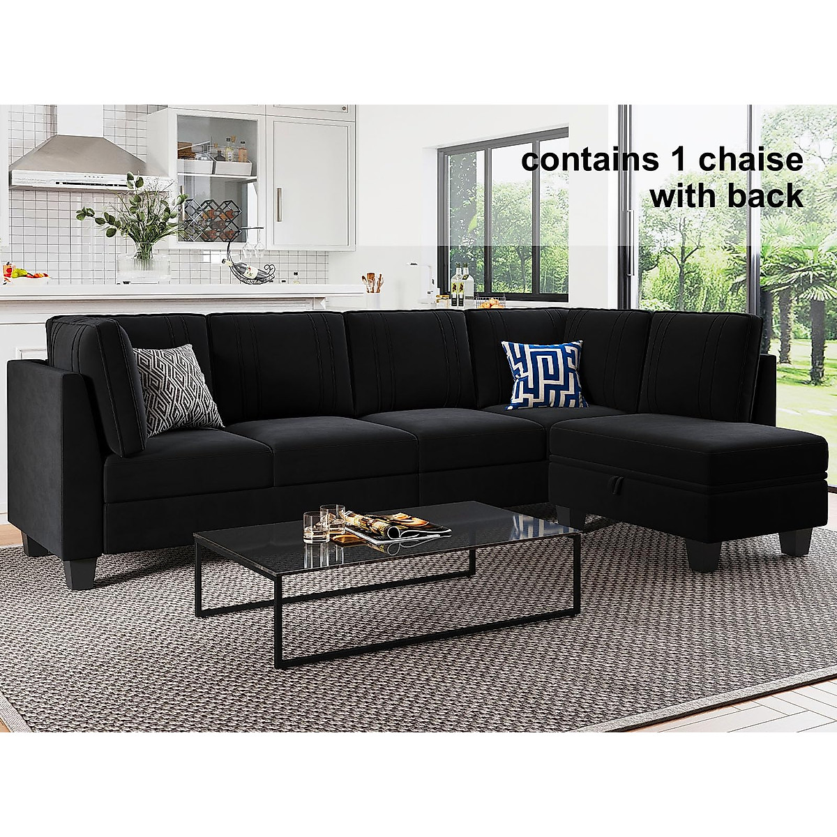 Belffin Velvet Convertible Storage Chaise Ottoman with Back Side for Velvet Sectional Sofa Black