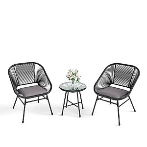 HERA'S HOUSE 3-Piece Patio Furniture Bistro Set, Outdoor Wicker Conversation Set w/ 2 Handwoven Cushioned Chairs, Side Coffee Table for Backyard Lawn Porch Poolside Balcony