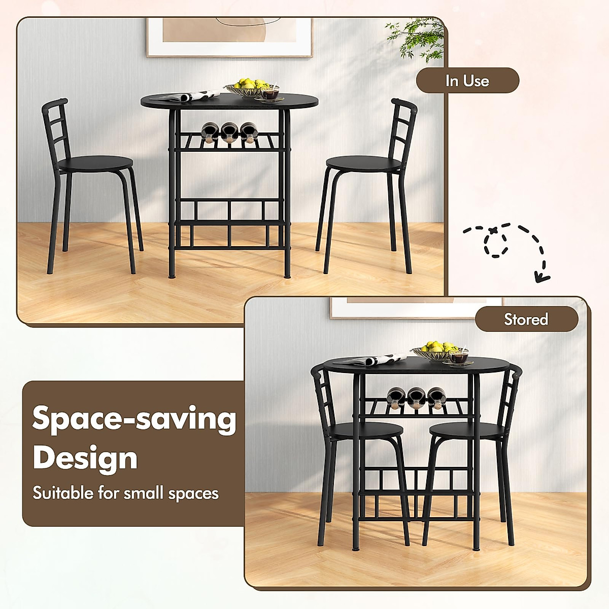 Giantex 3 Piece Dining Set Compact 2 Chairs and Table Set with Metal Frame and Shelf Storage Bistro Pub Breakfast Space Saving for Apartment and Kitchen (Black)