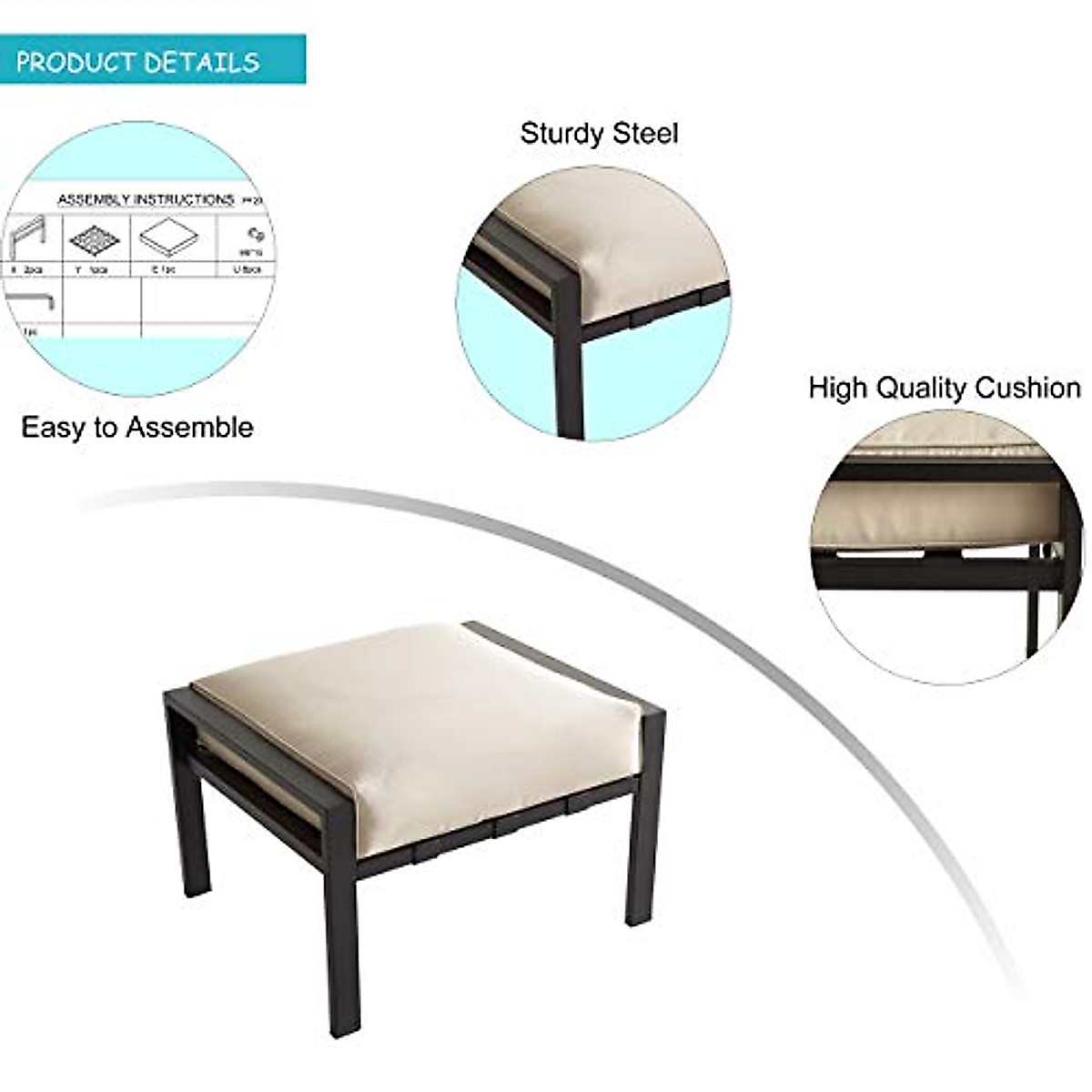 LOKATSE HOME Outdoor Ottoman Patio Footstool Small Seat Furniture with Soft Thick Cushion for Garden Yard Deck Poolside, Beige