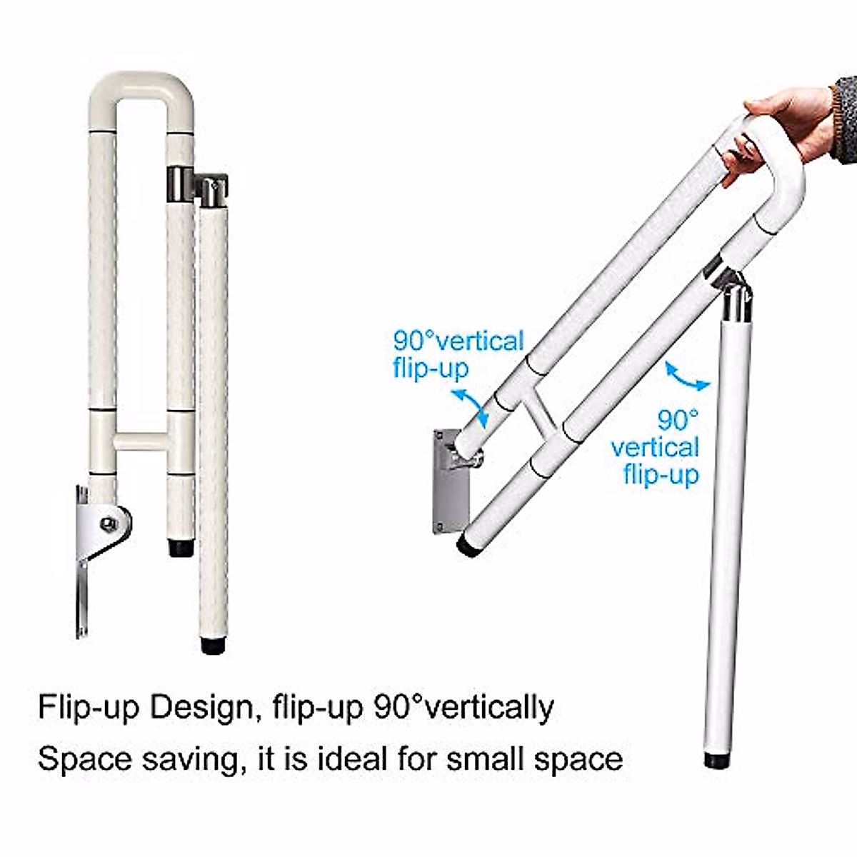 Handicap Grab Bars for Bathroom, Foldable Stainless Toilet Grab Bar with Textured Grip, 29.5(L) x27.5(H) inches Flip Up Toilet Safety Rails with Leg for Elderly