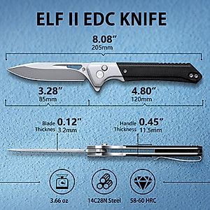 NedFoss ELF II Pocket Knife, 3.28" 14C28N Blade Button Lock EDC Knife with G10 Handle, Flipper Open, Deep Carry Pocket Clip, Lightweight Slim Utility Folding Knives for Men Women