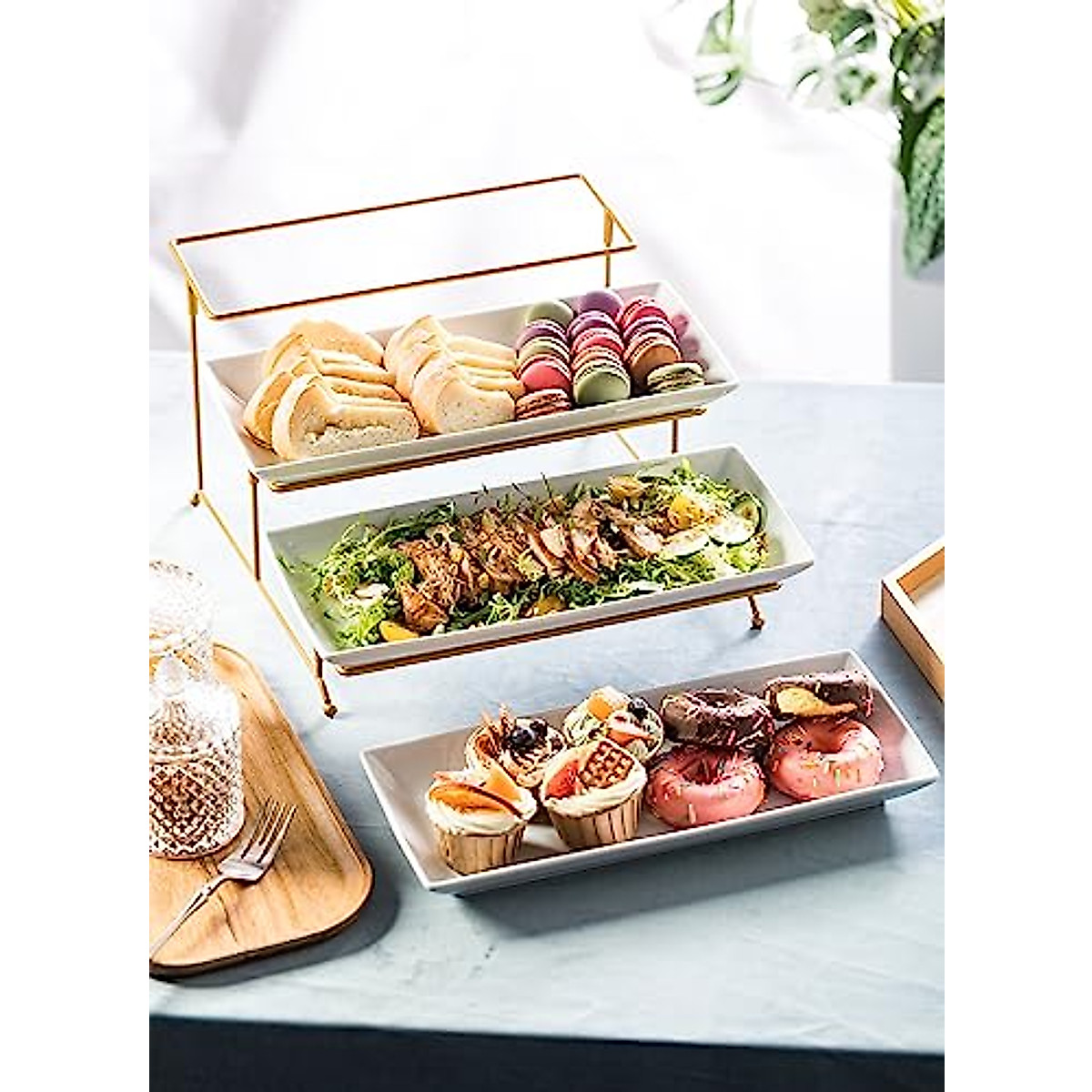 LYEOBOH 3 Tier Serving Stand and Platters Set Large Tiered with Collapsible Sturdier Rack 14 Inches Tray for Appetizer Fruit, Dessert Cupcake, White