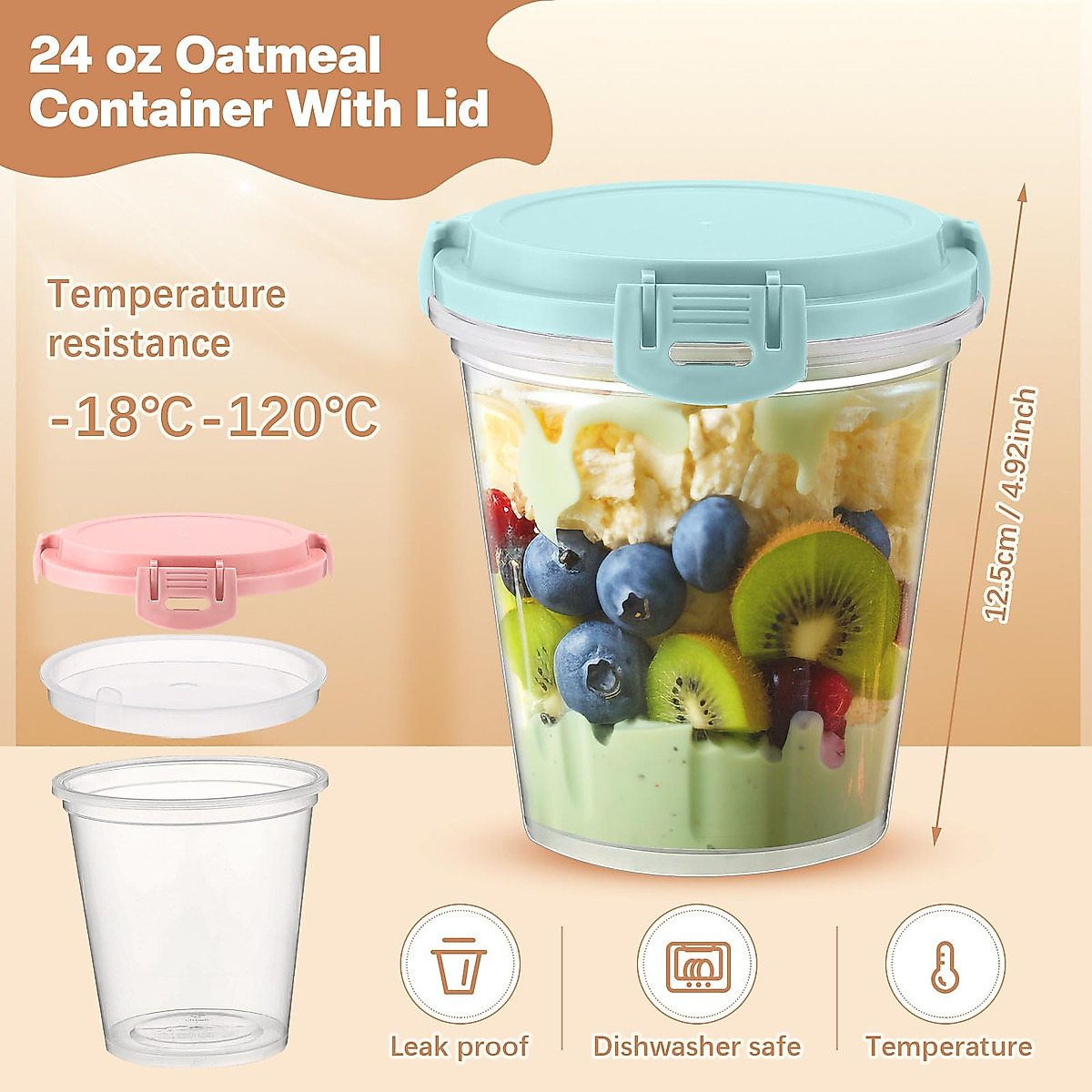 Blushtier 10 Pcs Overnight Oats Containers with Lids 24 oz Leak Proof Oats Jars Reusable Plastic Food Storage Meal Prep Container for Yogurt Cereal Soup Milk Salad Dishwasher Safe