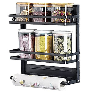 PINNIYOU Magnetic Spice Rack with Paper Towel Holder for Mother's Day Gifts, Magnetic Shelf with 4 Hooks for Refrigerator, 3 Tier Magnetic Fridge Organizer for Kitchen Storage Spices, Pepper, Black