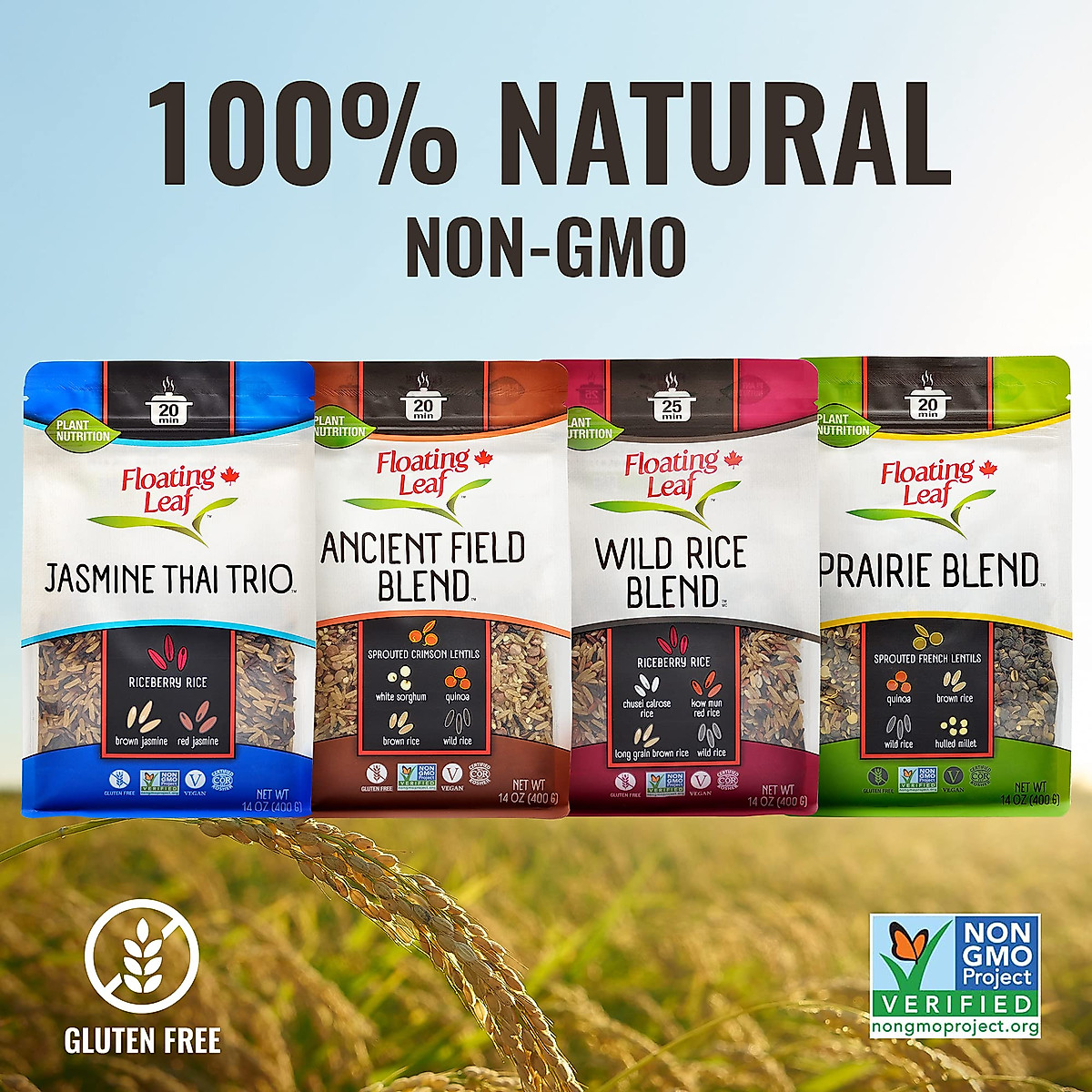 4 Packs x 14 ounces Rice Variety Pack Includes Jasmine Thai Rice Trio, Wild Rice Blend, Prairie Blend and Ancient Field Blend, Non Gluten, Non-Gmo, Kosher and Vegan - Floating Leaf