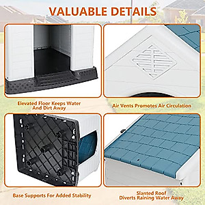 Large Plastic Dog House Indoor Outdoor Doghouse Dog Kennel Easy to Assemble Puppy Shelter w/Air Vents Elevated Floor Waterproof
