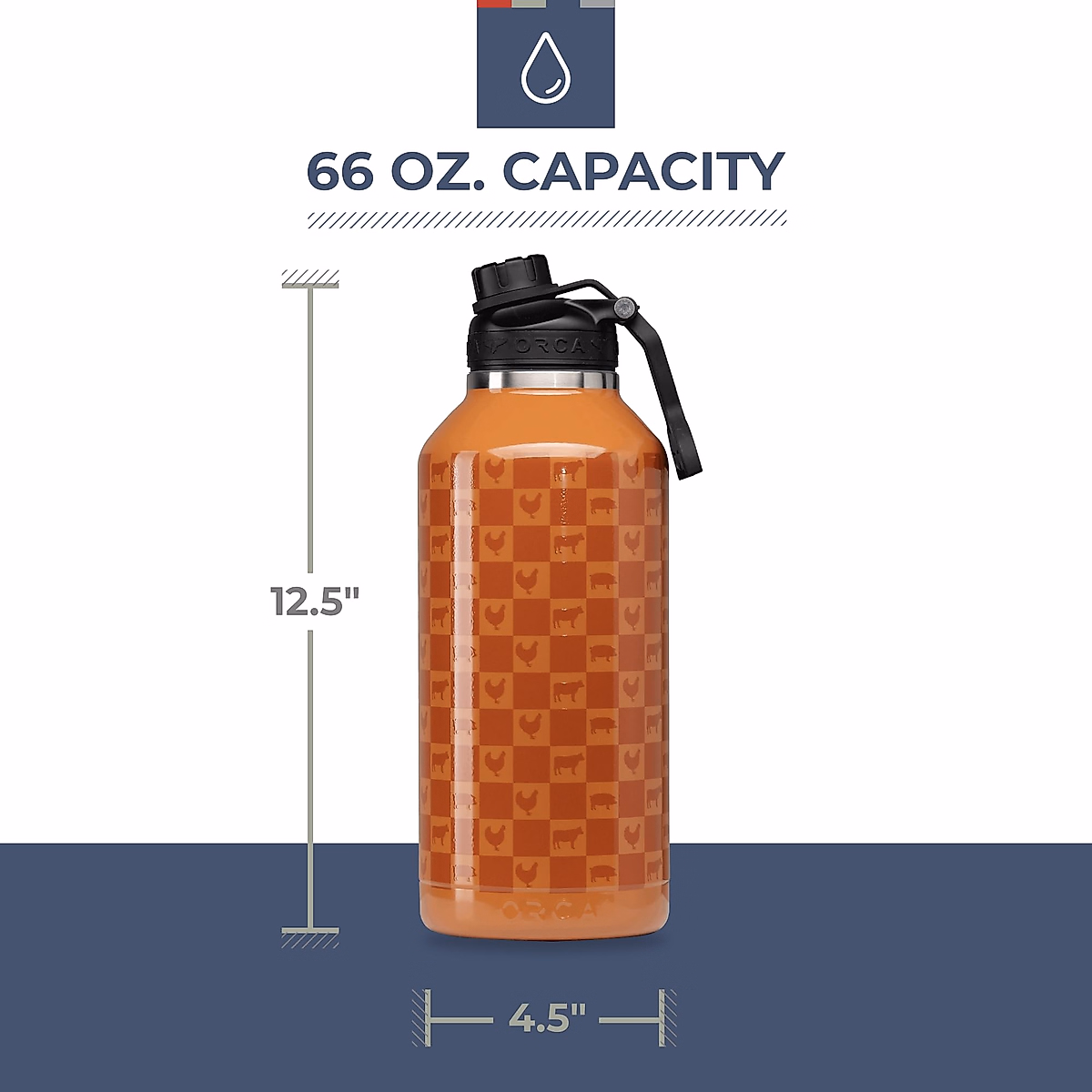 ORCA Hydra 66 oz Insulated Stainless Steel Half Gallon Water Bottle with Handle | Dishwasher Safe Thermos, Powder Coat Finish with No Sweat Body, Great Gift for Men — Checkered Orange