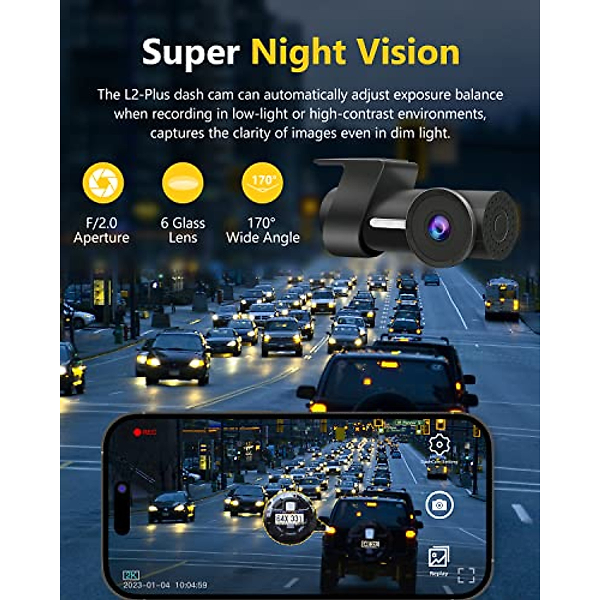 Dash Cam Front 2K 1440P WiFi, Dashboard Camera Recorder for Car, with 32GB SD-Card, WDR, Night Vision, Loop Recording, G-Sensor, Parking Monitor, Support 128GB Max