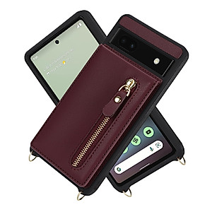 DEYHU for Google Pixel 6a Case with Card Holder for Women,for Pixel 6a Phone Case Wallet with Strap Credit Card Slots Crossbody with Kickstand Zipper Case - Red Wine