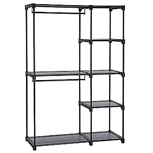 SONGMICS Freestanding Closet Organizer, 44-Inch Clothes Rack with 2 Hanging Rods, Portable Wardrobe Clothes Organizer with 4 Storage Shelves, Gray URYG024G02