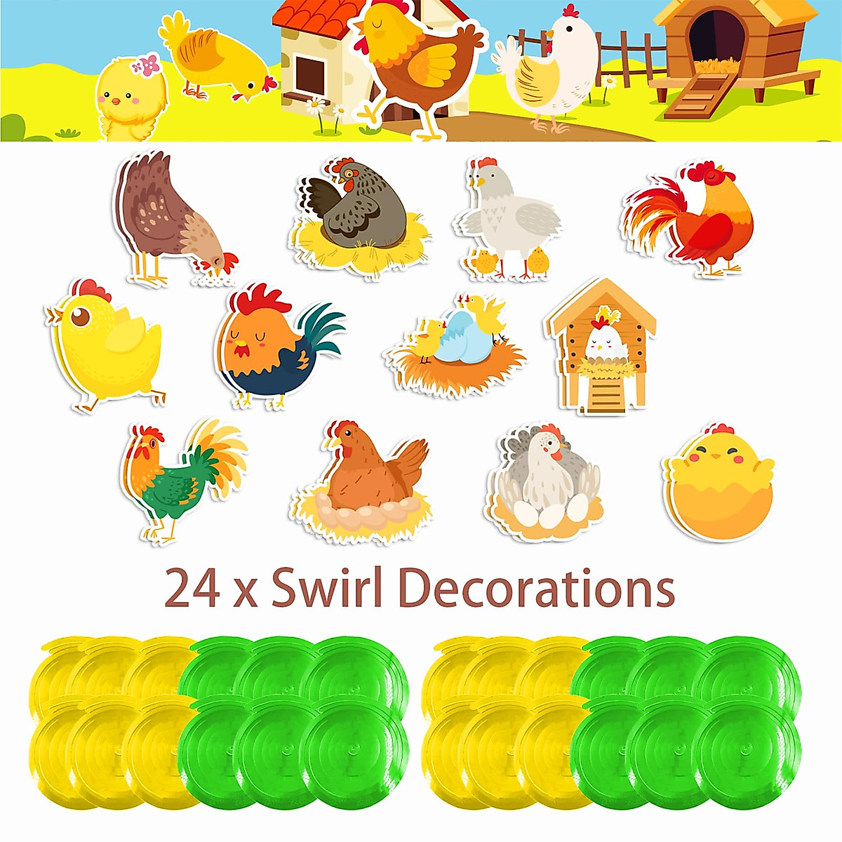 24 Pcs Chicken Hanging Swirls Chicken Farm Ceiling Swirls Decorations Chicken Birthday Party Supplies for Chick Birthday Baby Shower Decorations Chicken Party Decorations