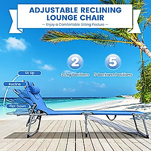 Moccha Folding Lounge Chair, Adjustable Beach Bed, Foldable Recliner with Pillow, Sunbathing Headrest and Tray, for Outdoor, Camping, Backyard, Patio, Pool (Blue)