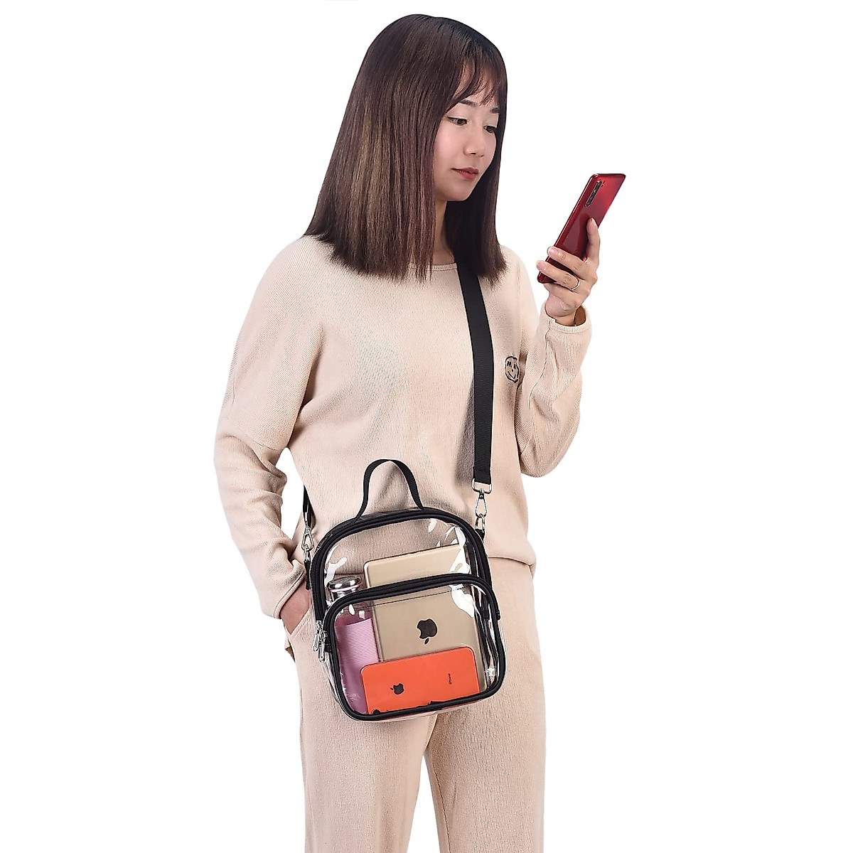 Clear Crossbody Purse Bag Stadium Approved Clear Tote Bag with Strap for Concert Sports Work Gym Games (Black)