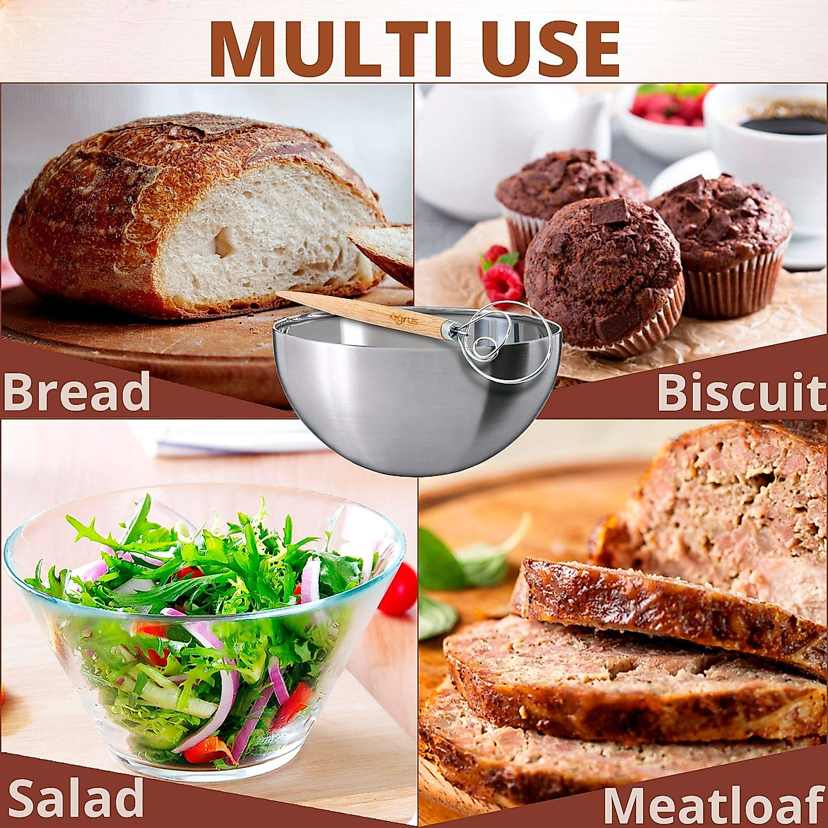 AGRUS Danish Dough Whisk - Bread Making Tools - Danish Dough Hook - Bread Dough Mixer Hand - Bread Dough Whisk for Pastry - Large Stainless Steel Swedish Whisk with Wooden Handle