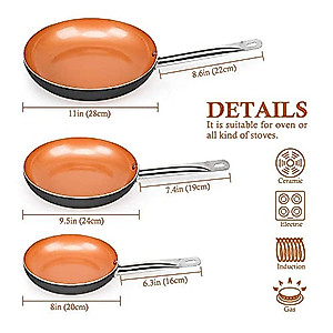 SHINEURI 6 Pieces Nonstick Copper Pans with Lid Copper Frying Pans Copper Nonstick Frying Pans Copper Pans with Lid Copper Skillets with Lid Ceramic Fry Pan Copper Pans for Cooking - 8/9.5/11 inch
