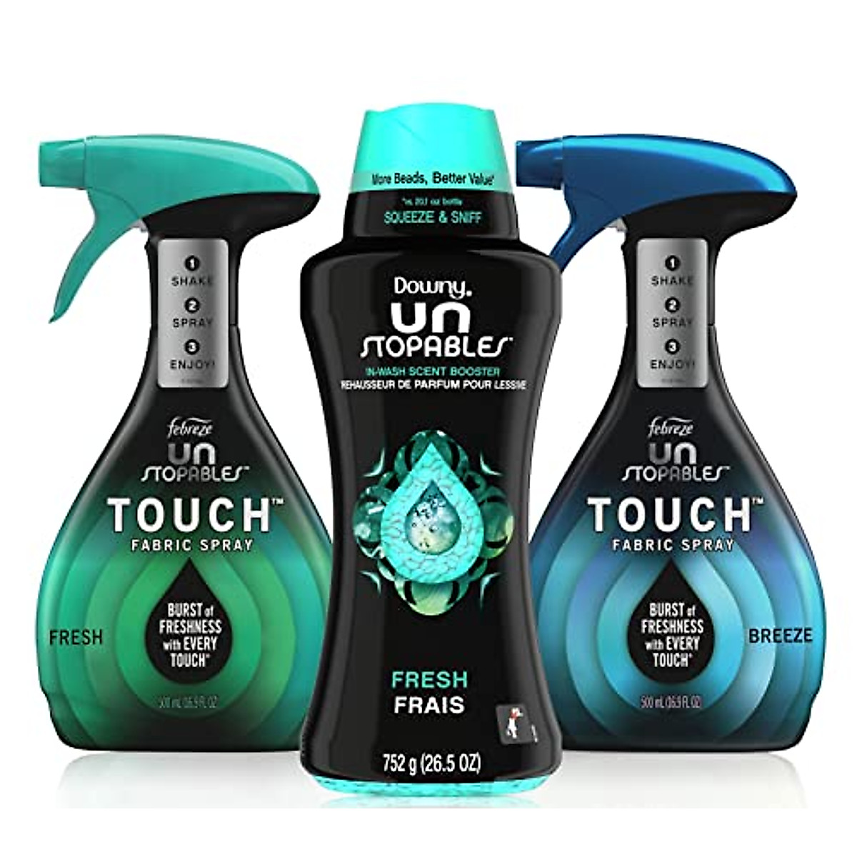 Febreze Fabric Spray & Downy Unstopables Kit - Includes Downy Laundry Scent Booster Beads (Fresh, 26.5 Ounce) and Febreze Unstopables Touch Fabric Refresher Spray (Fresh & Breeze, 16.9 Oz)