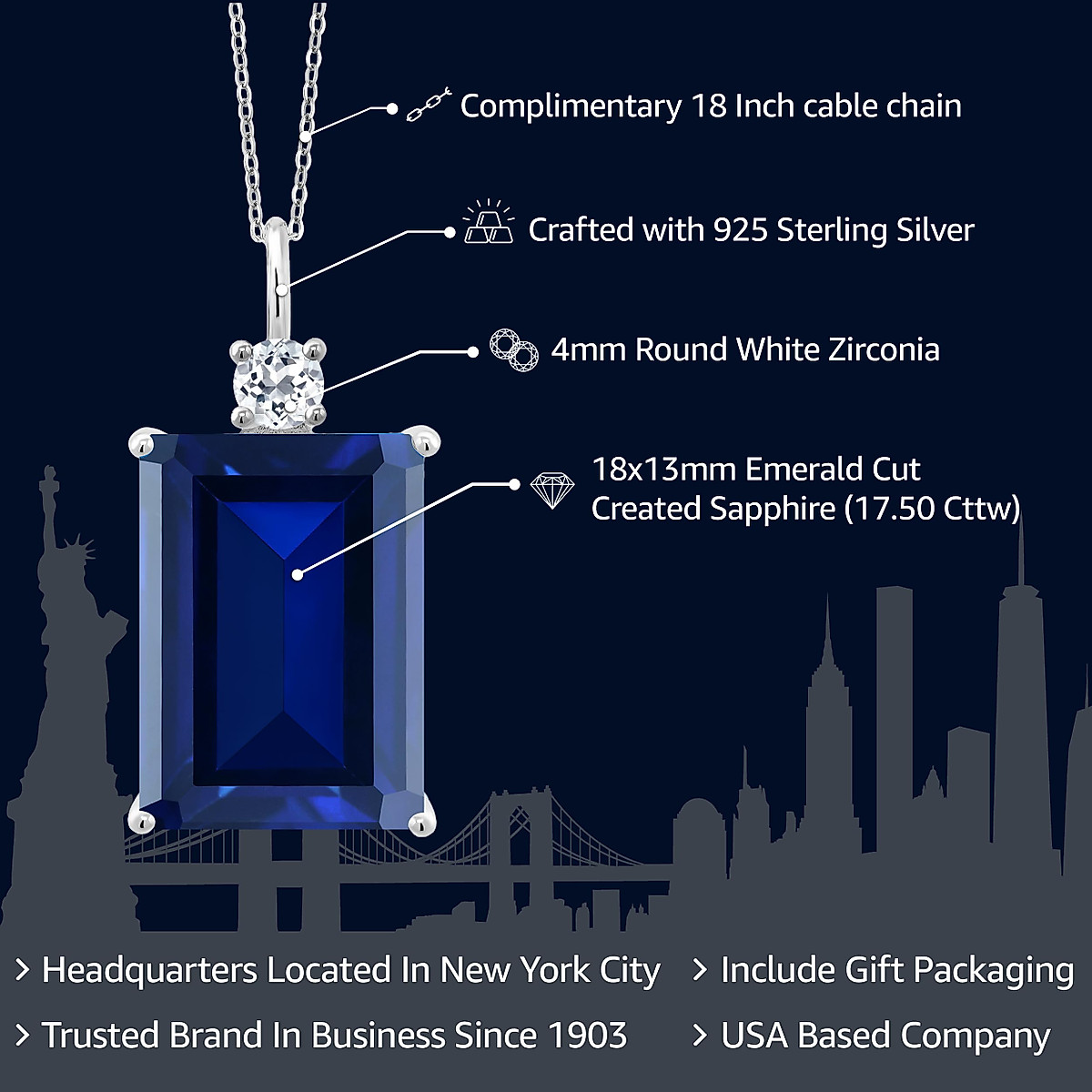 Gem Stone King 17.50 Cttw Blue Created Sapphire Pendant Necklace For Women In 925 Sterling Silver | Emerald Cut 18X13MM | With 18 Inch Silver Chain