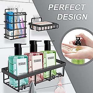 Homarkable Shower Caddy 5-Pack, Self Adhesive Bathroom Shower Organizer, Wall Mounted Bathroom Shower Rack with Soap Holder and ToothBrush Holder, Shower Shelves for Inside Shower, Kitchen (Black)