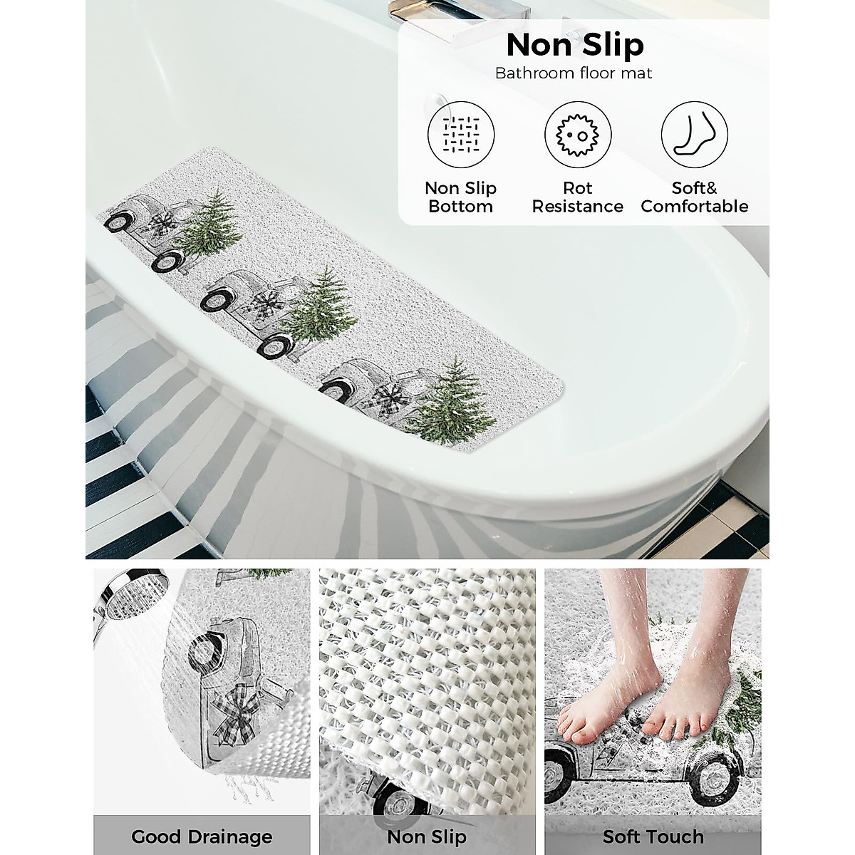 Shower Mat Non Slip Bathtub Mat Christmas Truck with Xmas Tree Grey Bath Mat Soft Loofah Shower Mats for Shower Tub Bathroom Quick Drying Foot Mat, 16x47 Inch