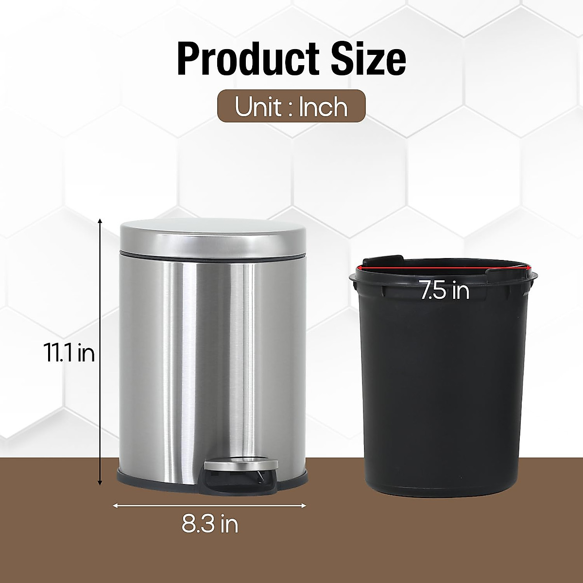 NChanmar Bathroom Trash Can with Lid, 6 Liter / 1.6 Gallon Round Mini Trash Can, Portable Pedal Garbage Can for Kitchen, Office, Stainless Steel Trash Can, Removable Inner Basket, Easy to Clean (2)