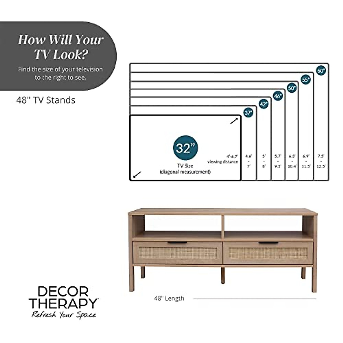 Decor Therapy Piper Rattan Storage Media Console Stand for TVs up to 59", 47" x 20", Blondewood