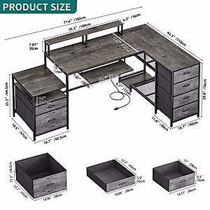 YITAHOME L Shaped Desk with Drawers, 71" L Shaped Computer Desk with Power Outlet & LED Lights, Corner Office Desk with Storage Shelves & Printer Stand, Gaming Desk with Monitor Shelf, Grey
