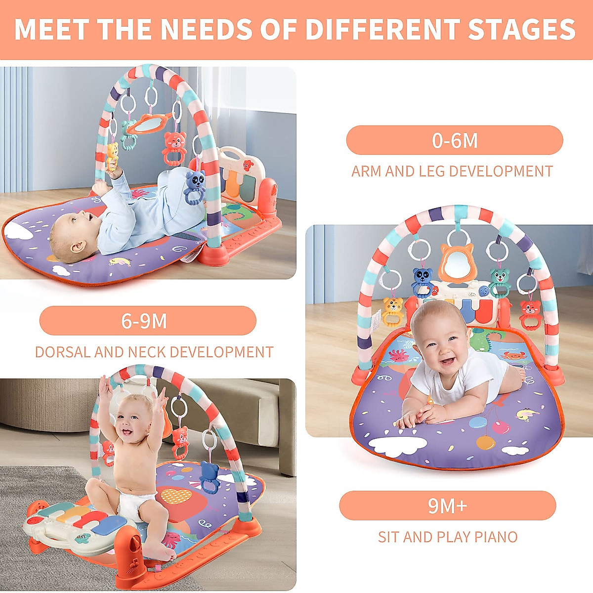 Baby Gym Play Mat, Kick and Play Piano Gym Mat for Infants, Tummy Time Mat Activity Center with Mirror for Newborn Toys 3-6-9 Months(Orange)
