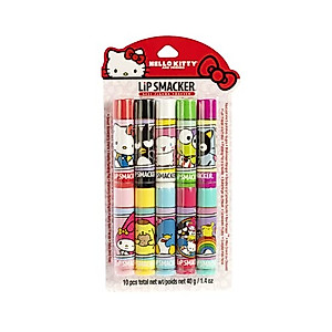 Lip Smacker Sanrio Hello Kitty and Friends 10 Piece Flavored Lip Balm Party Pack, Clear Matte, For Kids, Men, Women, Dry Lips, My Melody, Little Twin Stars, and Chococat
