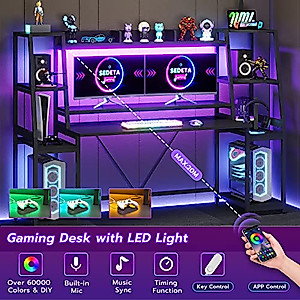 SEDETA Gaming Desk 78.8'' with LED Lights, Hutch and Storage Shelves, Computer Desk with Monitor Stand, Large PC Gamer Desk Workstation, Ergonomic Gaming Table for Bedroom, Living Room, Black