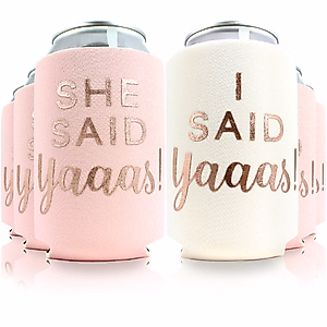 11pc or 6pc Set She Said Yaaas! & I Said Yaaas! Drink Coolers. Bachelorette, Bridal Shower, Wedding. 4mm Thick Bottle Sleeves, Can Coolies, Beverage Insulators (11pc Set, Blush & Rose Gold)