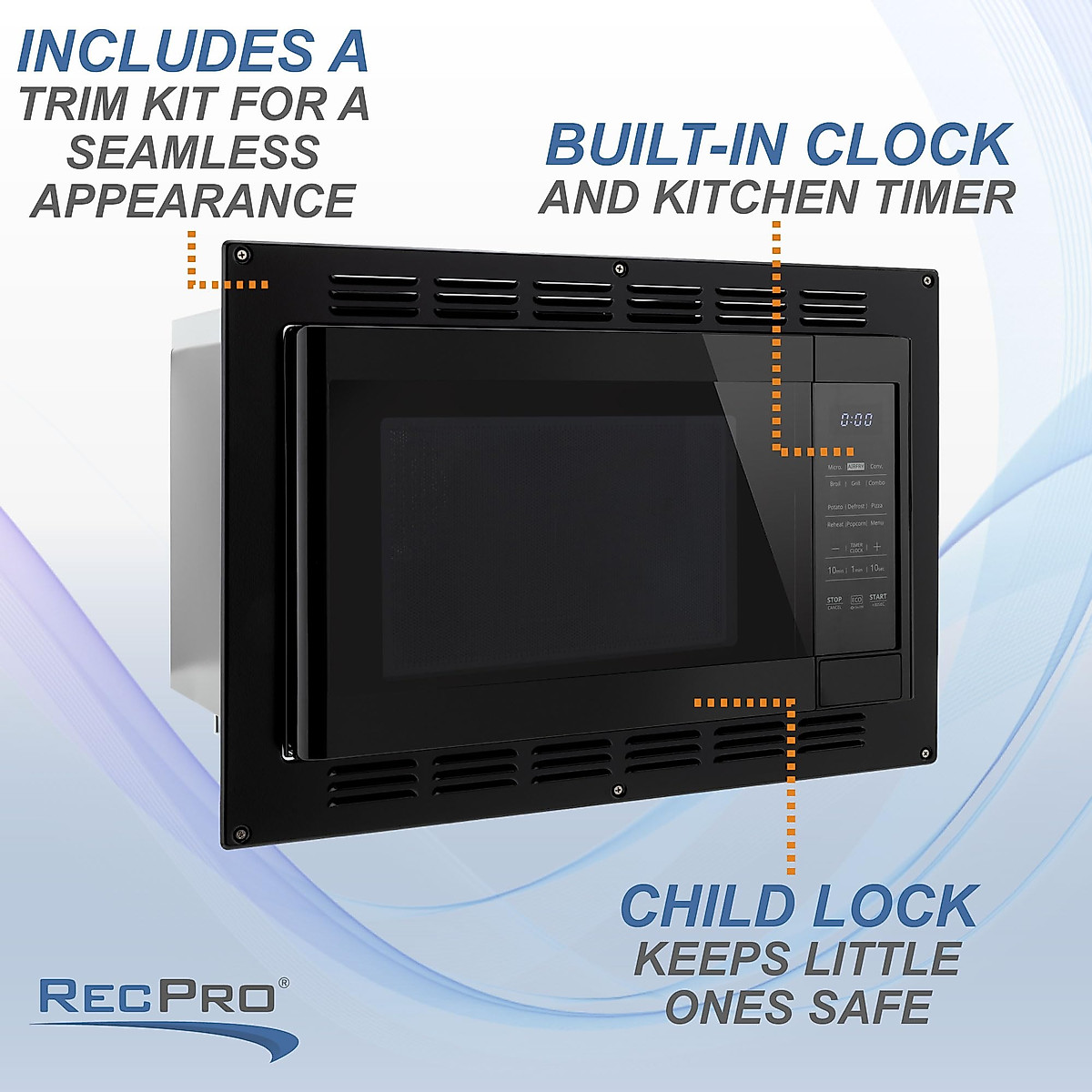 RecPro RV Kitchen Air Fryer & Convection Microwave with Trim Kit | 1.0 Cu. Ft. | 120V | 6 Cooking Modes (Black)