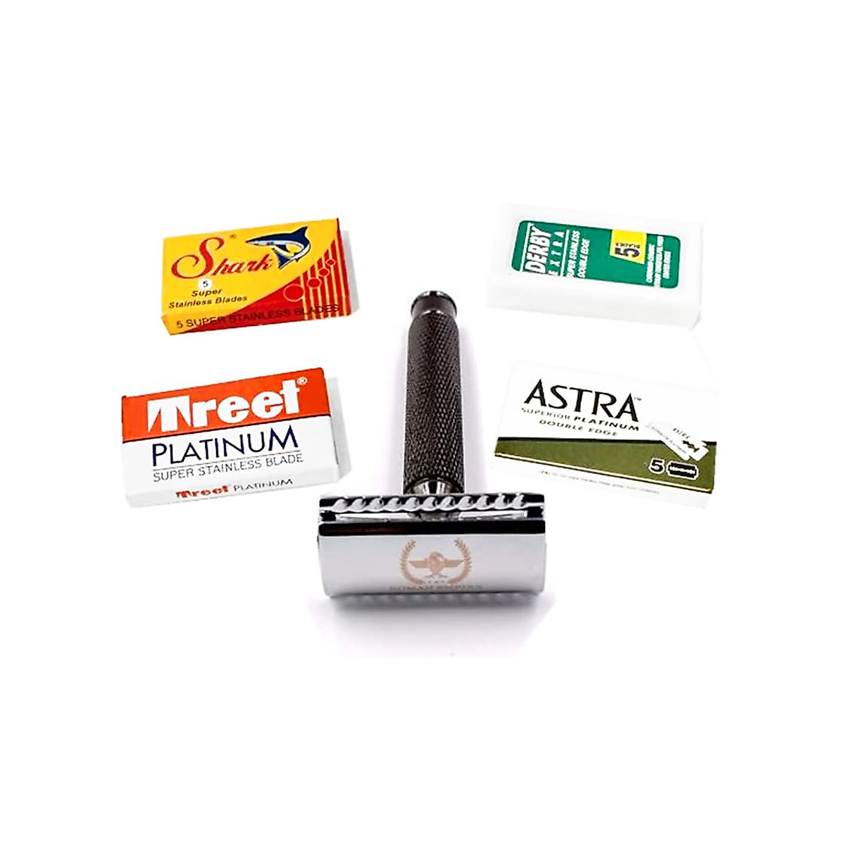 Caesar Gun Metal Safety Razor by Roman Empire Shaving with Set of 20 Shaving Blades (Astra-Derby-Shark-Treet)