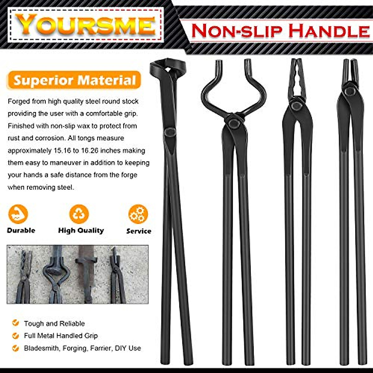 Blacksmith Tongs Tools Set Knife Making Tongs Includes V Bit Tongs, Flat Jaw Tongs, Wolf Jaw Tongs & Blade Tongs (4 Piece)
