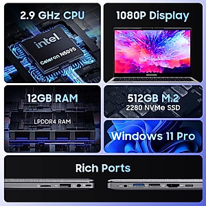 ZENAERO 15.6" Windows 11 Pro Laptop Computer 12GB RAM 512GB SSD, Intel Celeon N5095(4C4T, up to 2.9Ghz) IPS Display, HDMI, Dual and WiFi, BT4.2 Light and Thin Notebook PC for Work, School Student