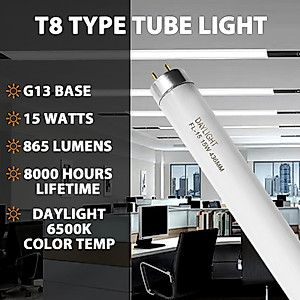 F15T8/DL 18 Inches T8 15 Watt Fluorescent Tube Compatible for Sylvania GE Eiko F15/T8/D Daylight 6500K G13 Bi-Pin Base 6 Count