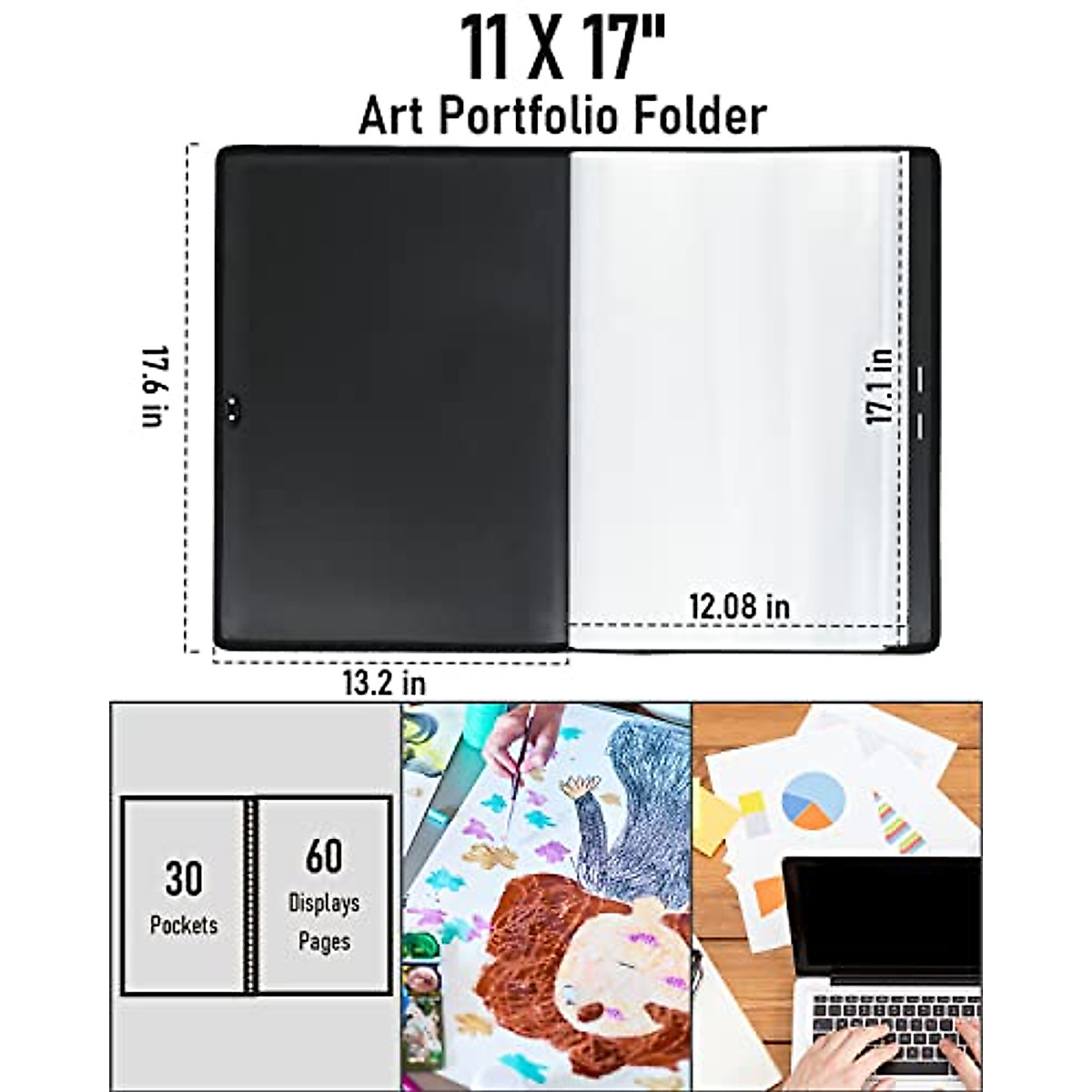 Nicpro Art Portfolio 11x17, Upgraded Large Portfolio Folder for Artwork with 30 Pockets Display 60 Pages, Presentation Book Binder with Protector Sleeves for Kids & Artists Drawing