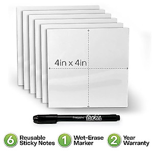 M.C. Squares Dry Erase Reusable Sticky Notes | 4x4 Stickies 6-Pack | 2-Year Re-Stickable & Erasable Post Notes | Smudge-Free Tackie Marker | USA Made