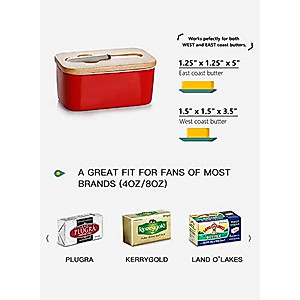 Sweese 324.104 Large Butter Dish with Knife - Airtight Butter Keeper Holds Up to 2 Sticks of Butter - Porcelain Container with Beech Wooden Lid, Red