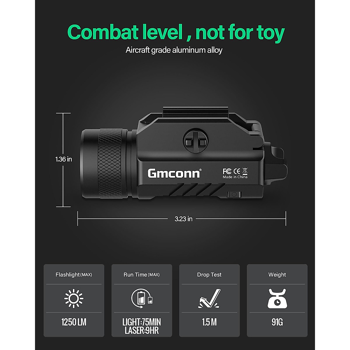 Gmconn 1250 Lumen Tactical Flashlight Pistol Light Rail Mounted LED Gun Light Strobe Weaponlight for Glock Pistol and Picatinny MIL-STD-1913