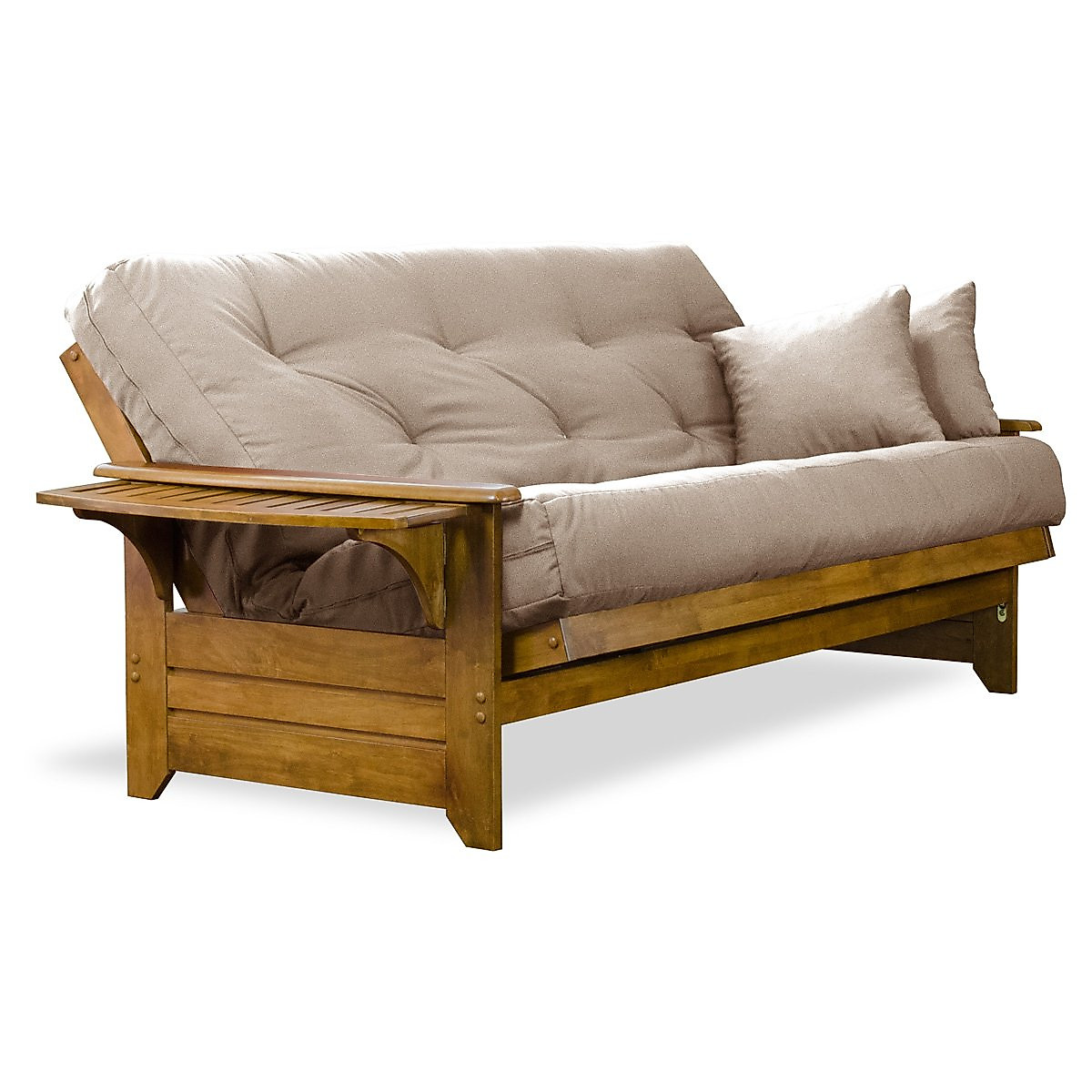 Nirvana Futons Brentwood Tray Arm Futon Frame, Drawers, and Microfiber Khaki Mattress Set - Full, Heritage Finish